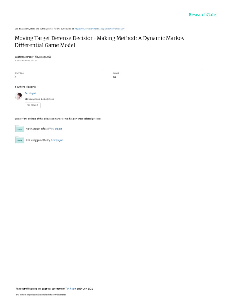 Moving Target Defense Decision-Making Method: A Dynamic Markov Differential Game Model | PDF ...