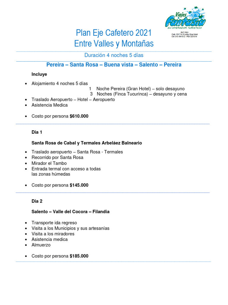 Plan Eje Cafetero: 4 Noches y 5 Días | PDF | café