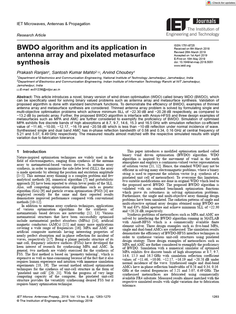 IET Microwaves Antenna Prop - 2019 - Ranjan - BWDO algorithm and its application in antenna ...