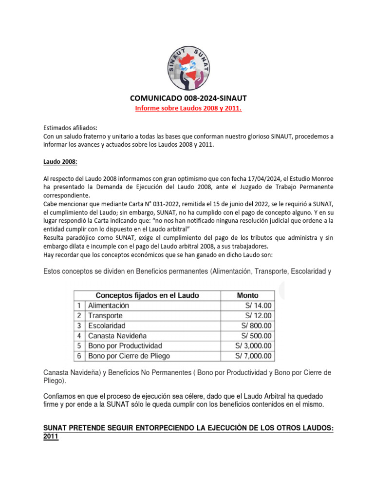 Comunicado 008 SINAUT | PDF | Ley Pública | Gobierno