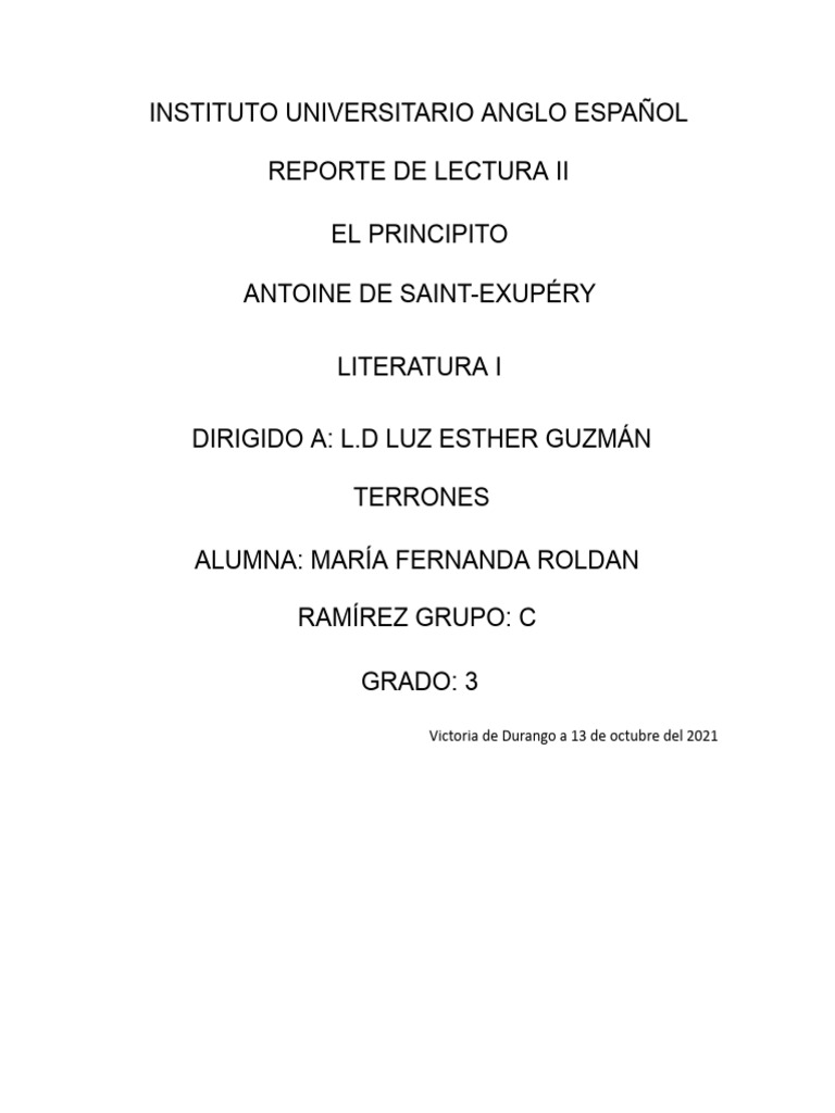Reporte de Lectura II | Descargar gratis PDF | El Principito