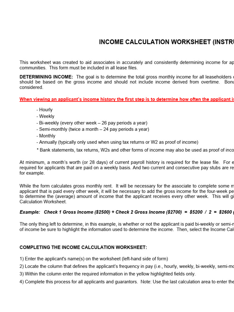 Income Calculation Worksheet 3x | PDF | Renting | Worksheet