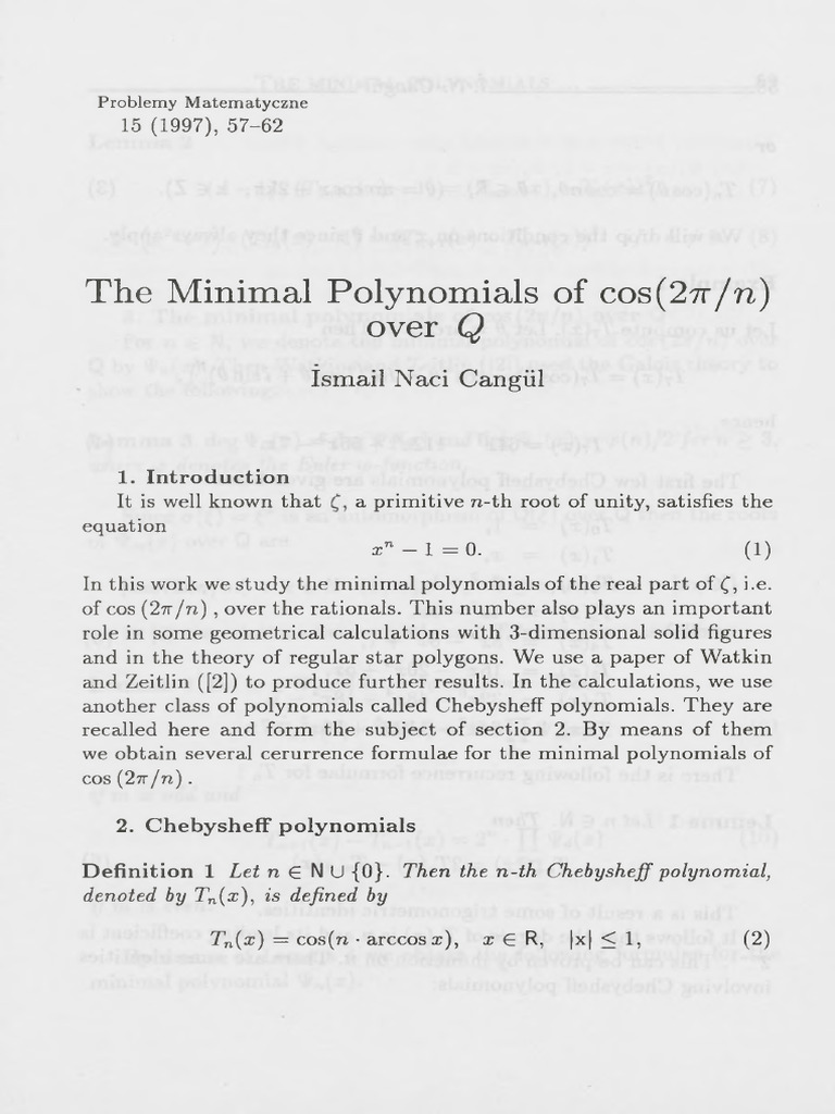 The Minimal Polynomials of Cosine | PDF | Polynomial | Algebra