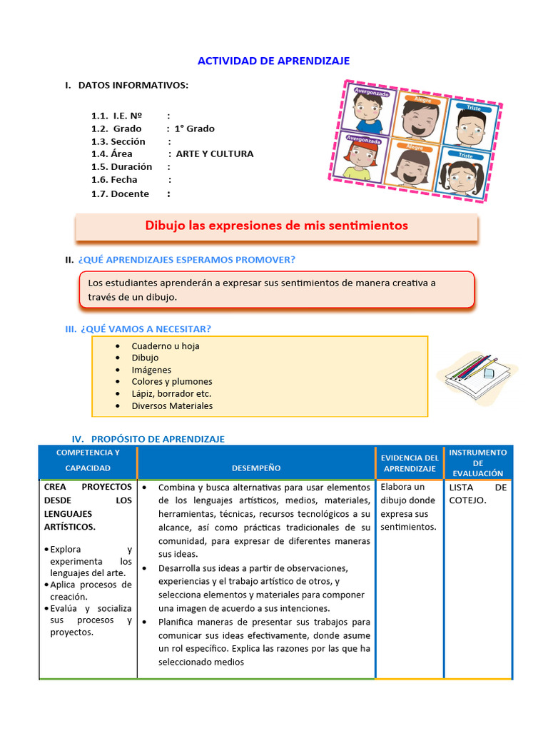 E1 A5 SESION ARTE Dibujo Las Expresiones de Mis Sentimientos | PDF | Evaluación | Dibujo