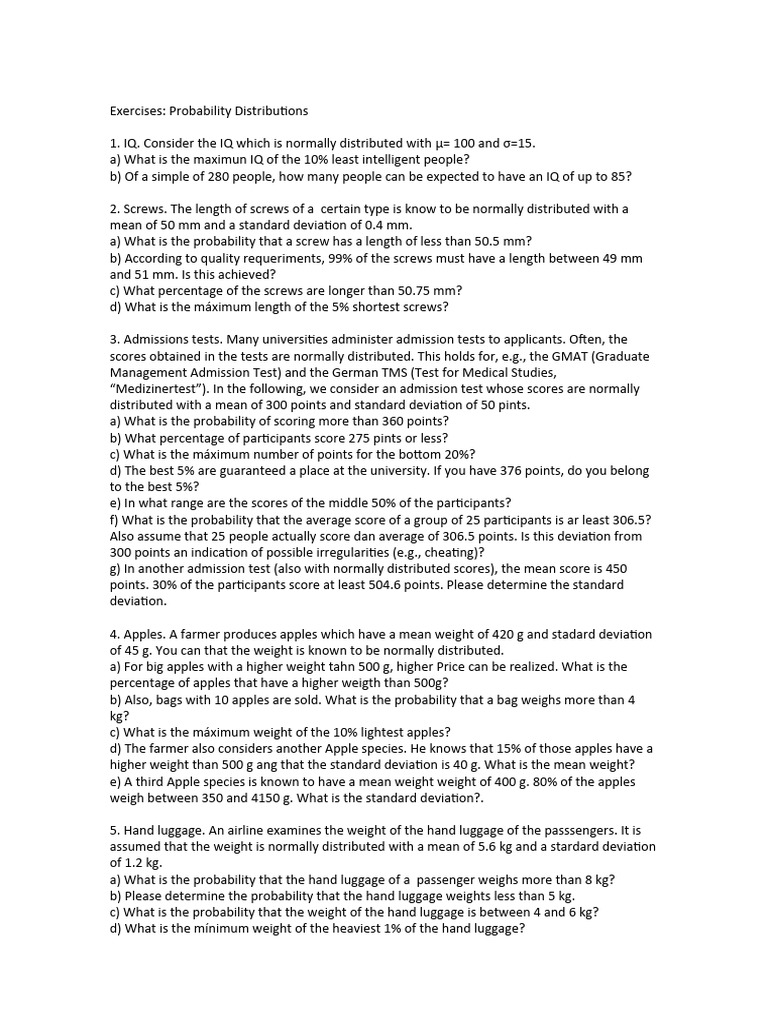 Exercises Probability Distributions | PDF | Standard Deviation | Normal ...
