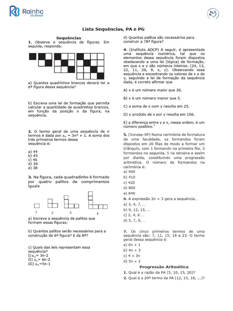 Problemas de Sequências, PA e PG: Questões e Soluções | PDF | Sequência ...
