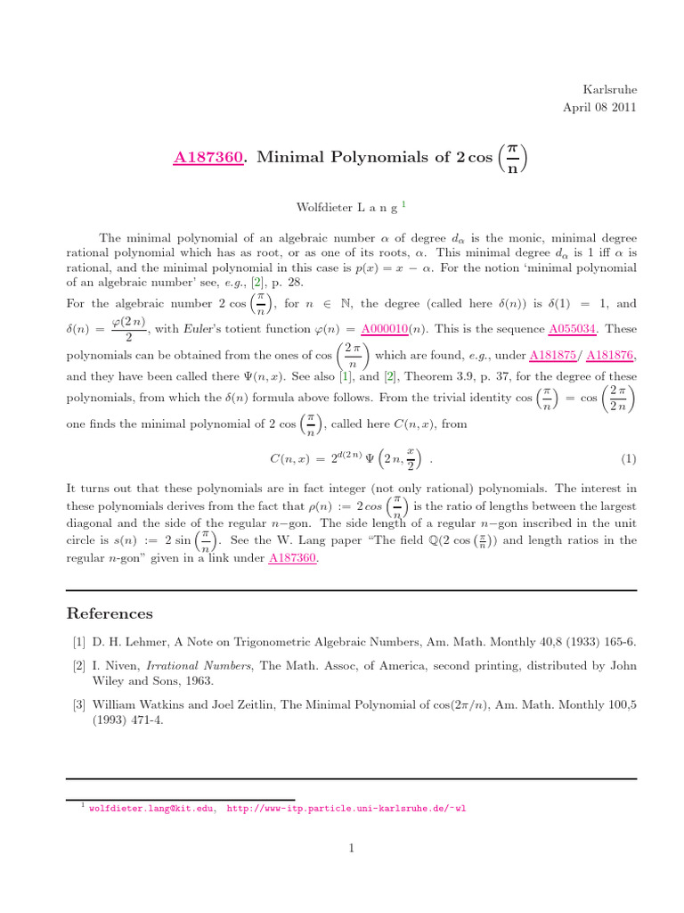 . Minimal Polynomials of 2 cos π n: A000010 A055034 A181875 A181876 | PDF | Polynomial | Arithmetic