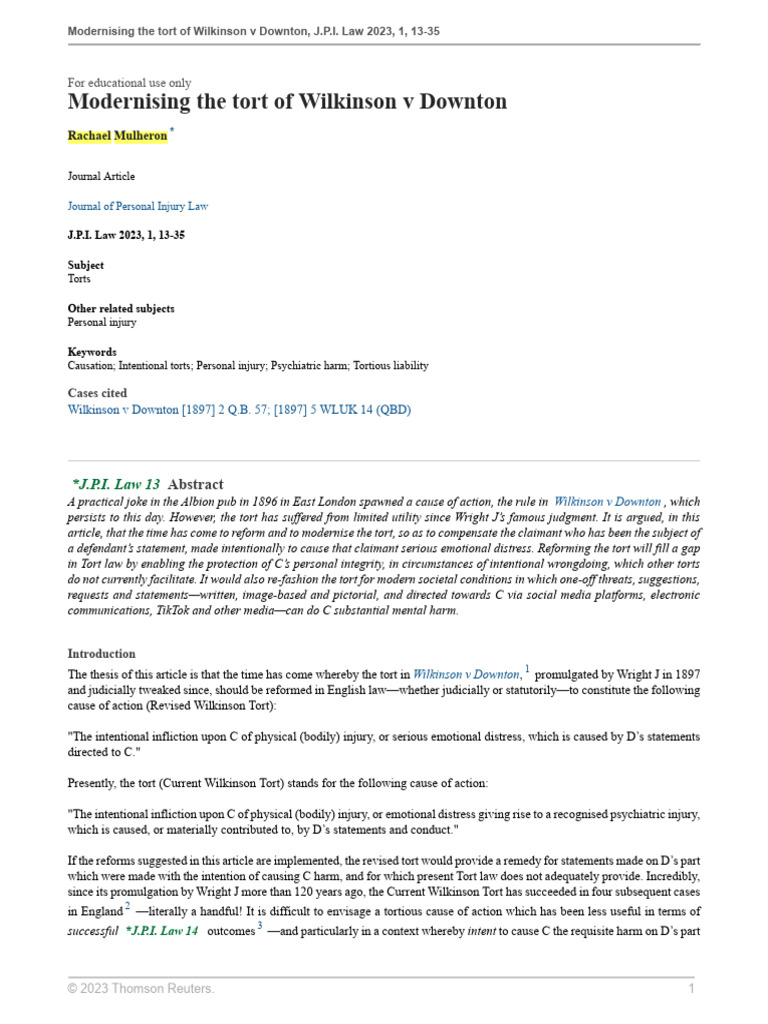 Reforming the Wilkinson v Downton Tort | PDF | Tort | Diagnostic And ...