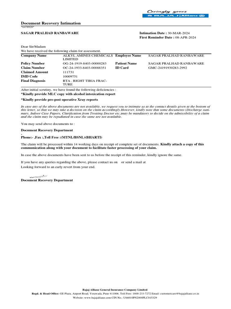 Document Recovery Intimation | PDF | Law