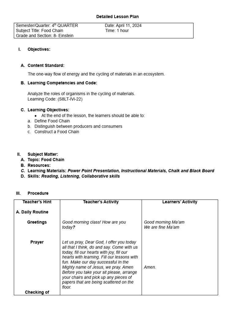Local Demo Dlp-Food Chain | PDF | Learning | Prayer