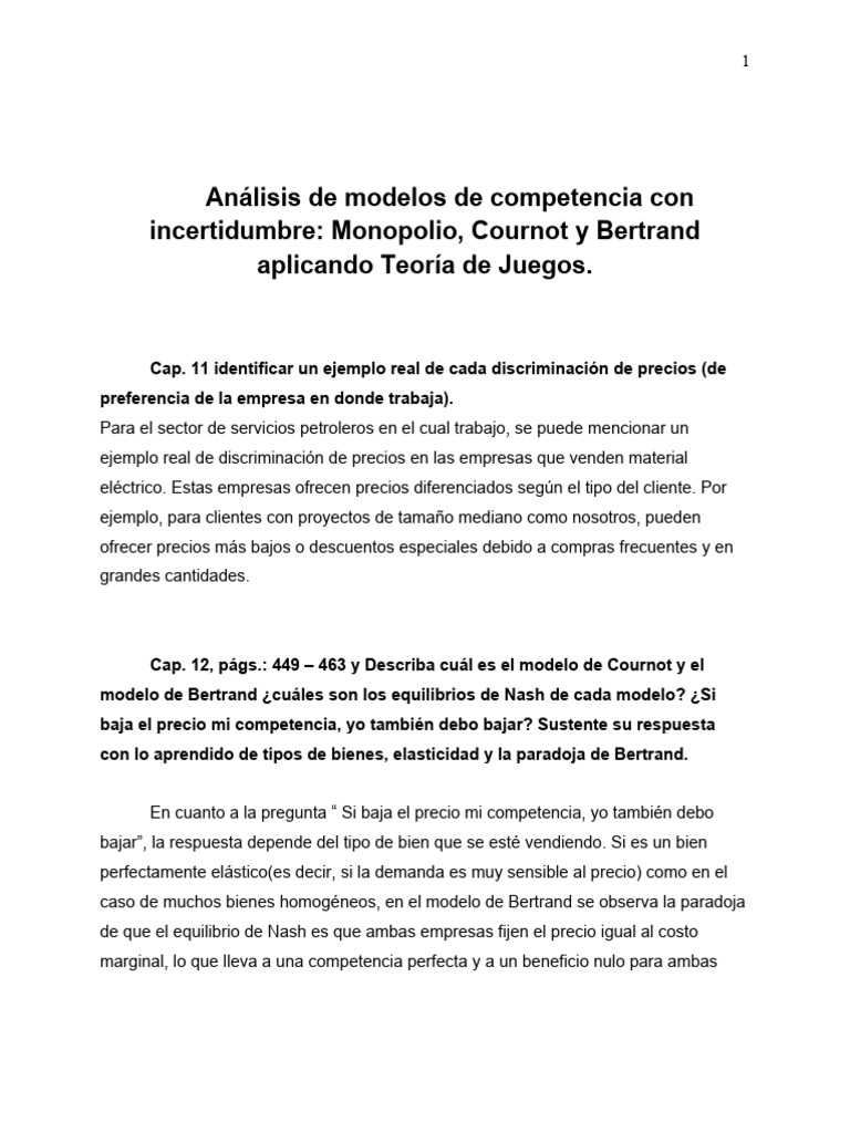 Análisis de Modelos de Competencia Con Incertidumbre Monopolio, Cournot ...
