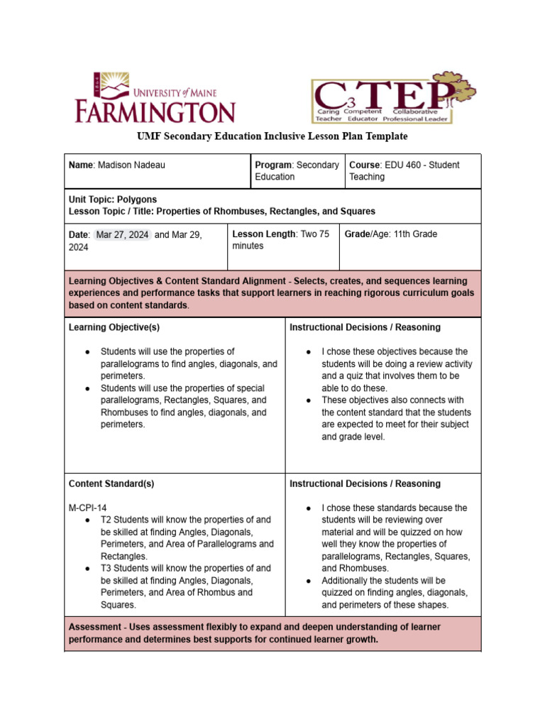 UMF Secondary Education Inclusive Lesson Plan Template | PDF | Learning ...