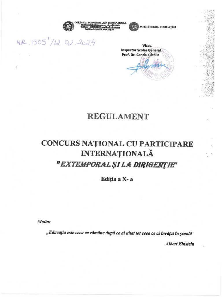 REGULAMENT Concurs Național Extemporal Si La Dirigentie 2024 | PDF