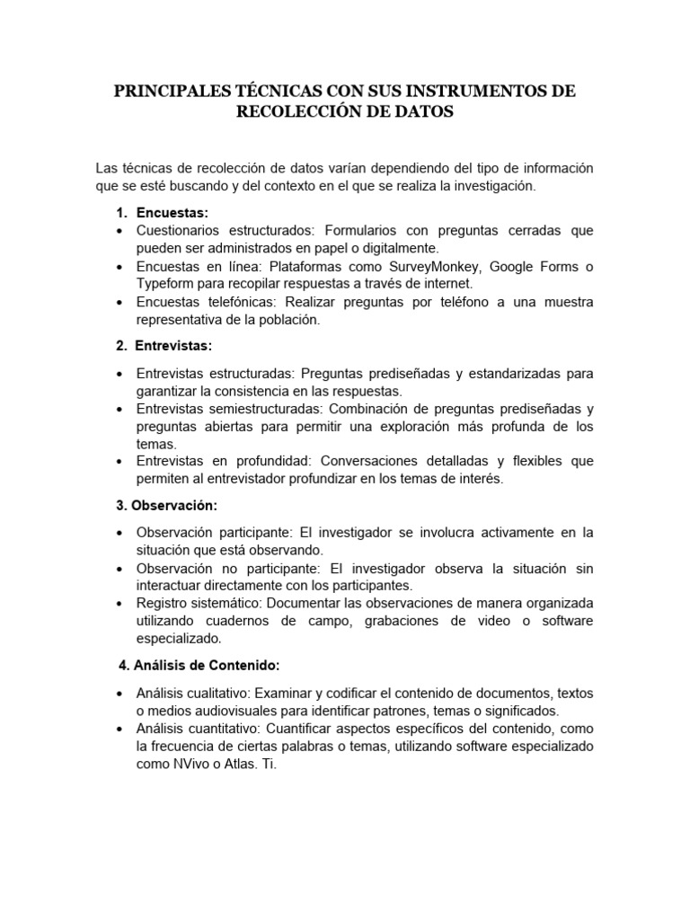 Principales Técnicas Con Sus Instrumentos de Recolección de Datos | PDF