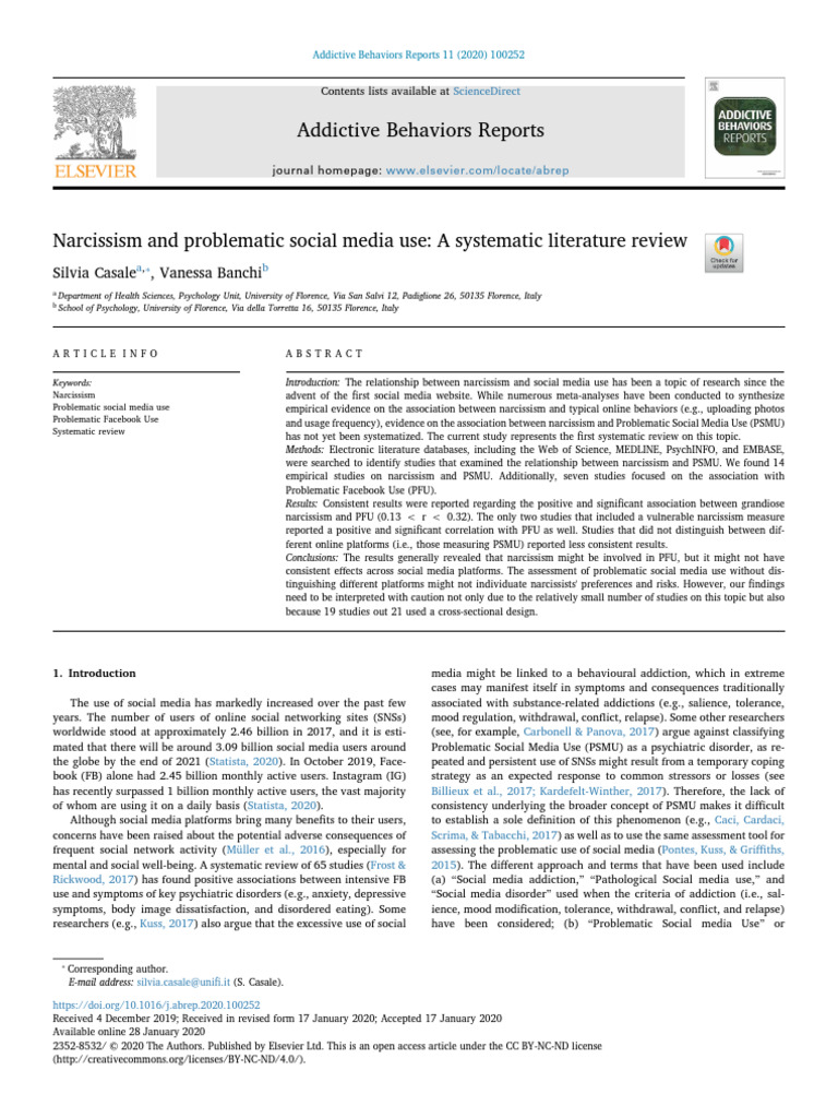 Narcissism and Problematic Social Media Use | PDF | Social Media ...