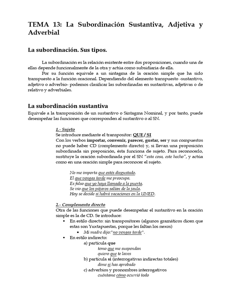 Tema 13 La Subordinacic3b3n Sustantiva Adjetiva y Adverbial | PDF ...
