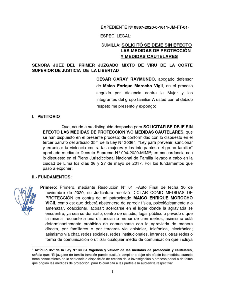 Solicito Dejar Sin Efecto Medidas de Protección | PDF | Derecho penal ...