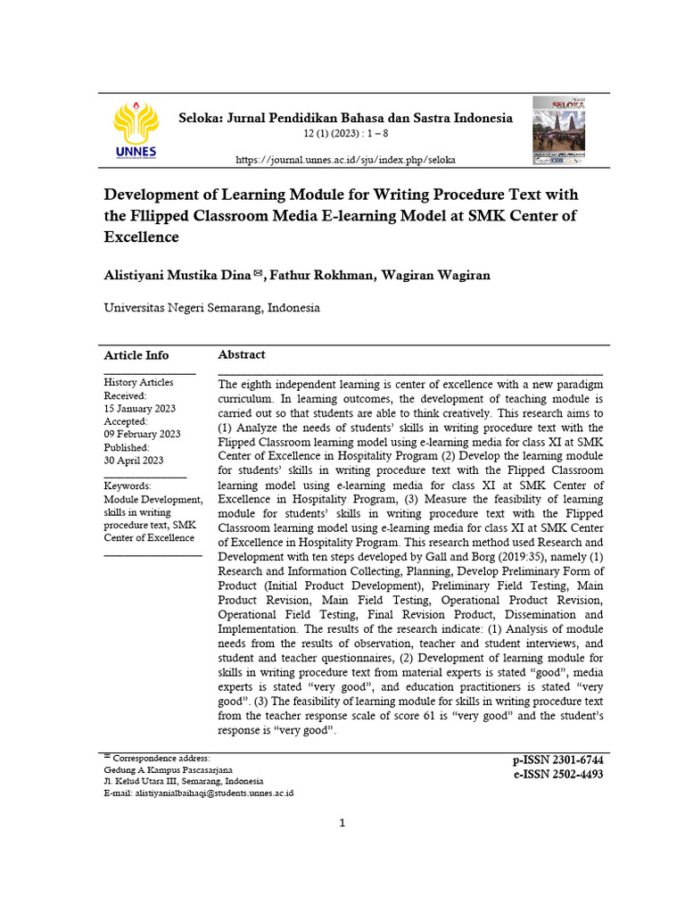 Development of Learning Module For Writing Procedure Text With The Fllipped Classroom Media E ...
