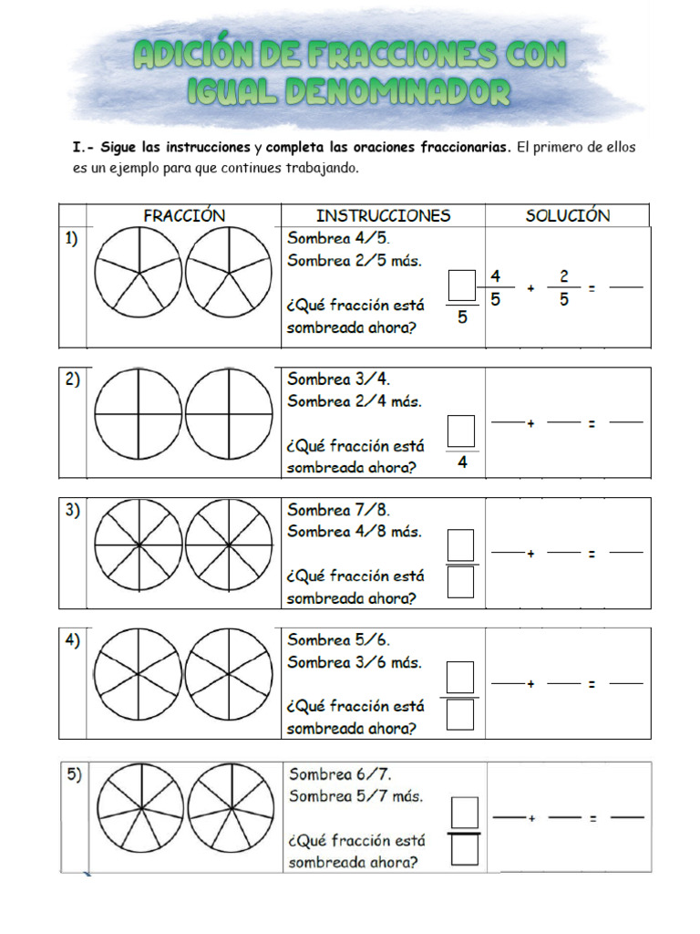 Guía Adición y Sustracción de Fracciones Con Igual Denominador | PDF