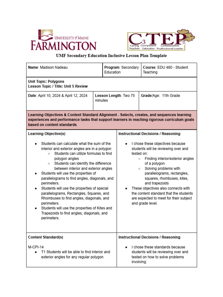 unit 5 review test lesson plan | PDF | Educational Assessment | Rectangle