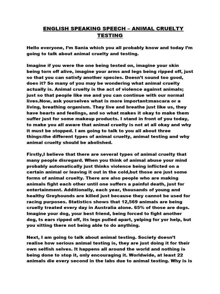 ENGLISH SPEAKING SPEECH | PDF | Animal Testing | Cruelty To Animals