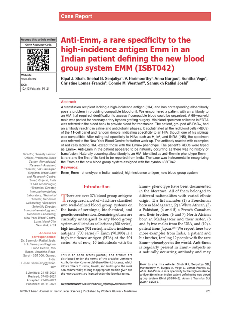 Rare Anti-Emm Blood Group Case in India | PDF | Immunology | Diseases ...
