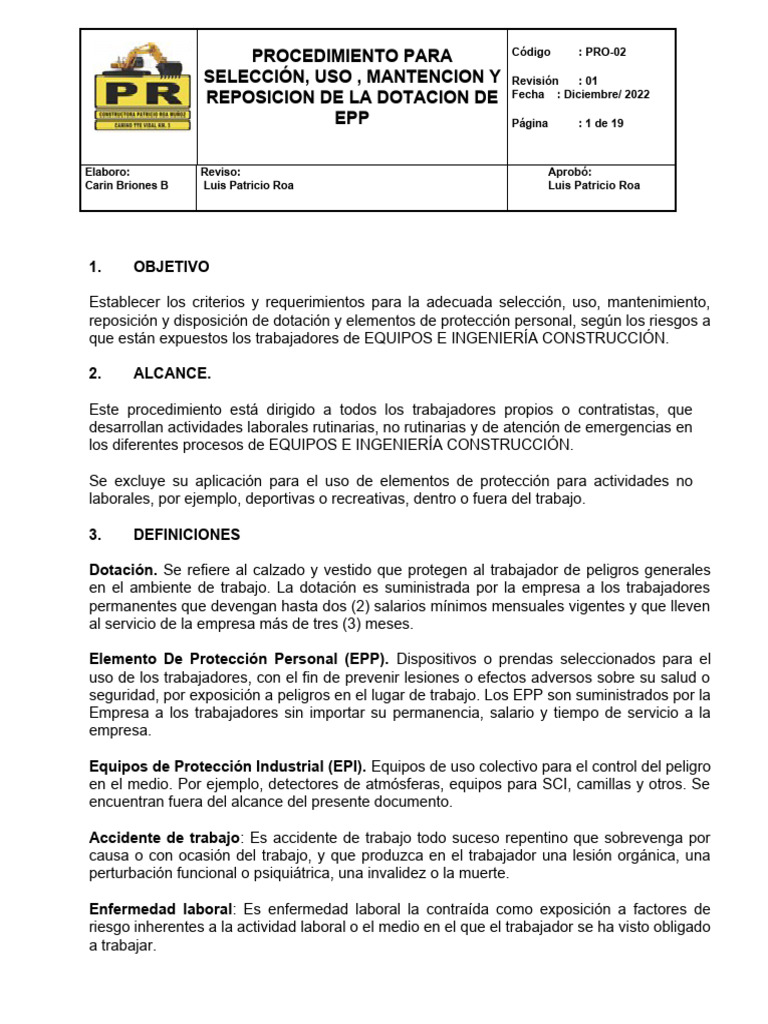 Procedimiento para Seleccic3b3n Uso Mantenimiento y Reposicic3b3n de Dotacic3b3n y Epp | PDF ...