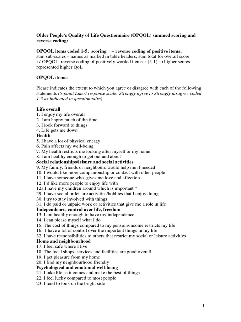 Questionnaire QualityOfLife | PDF | Quality Of Life | Social Psychology