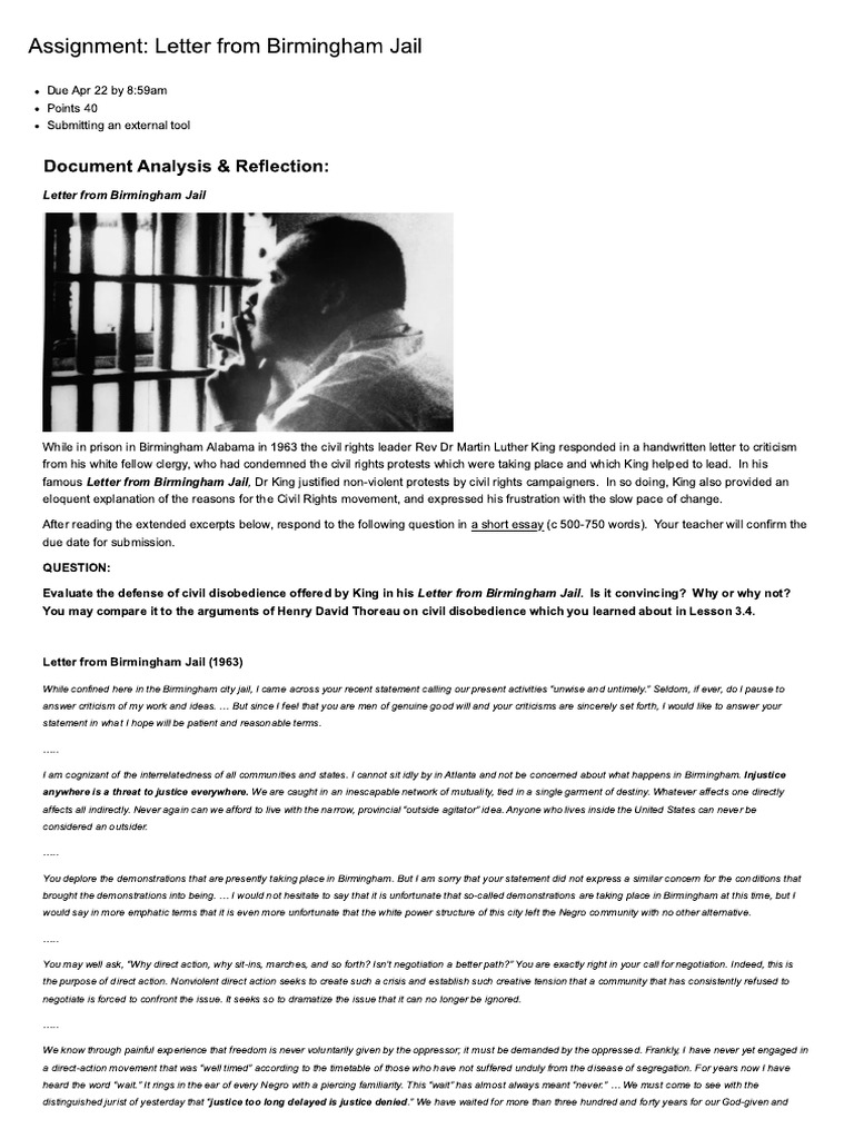 Assignment - Letter From Birmingham Jail | PDF