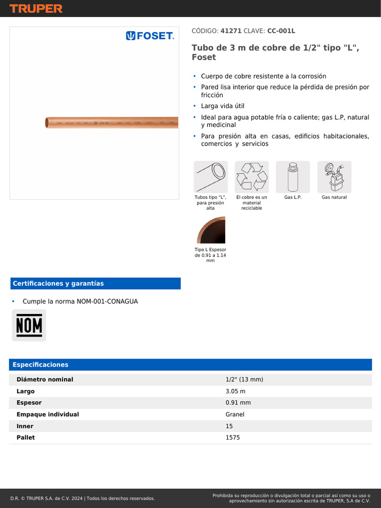 Ficha Tecnica Tuberia de Cobre Tipo L | PDF | Tubería (transporte de ...