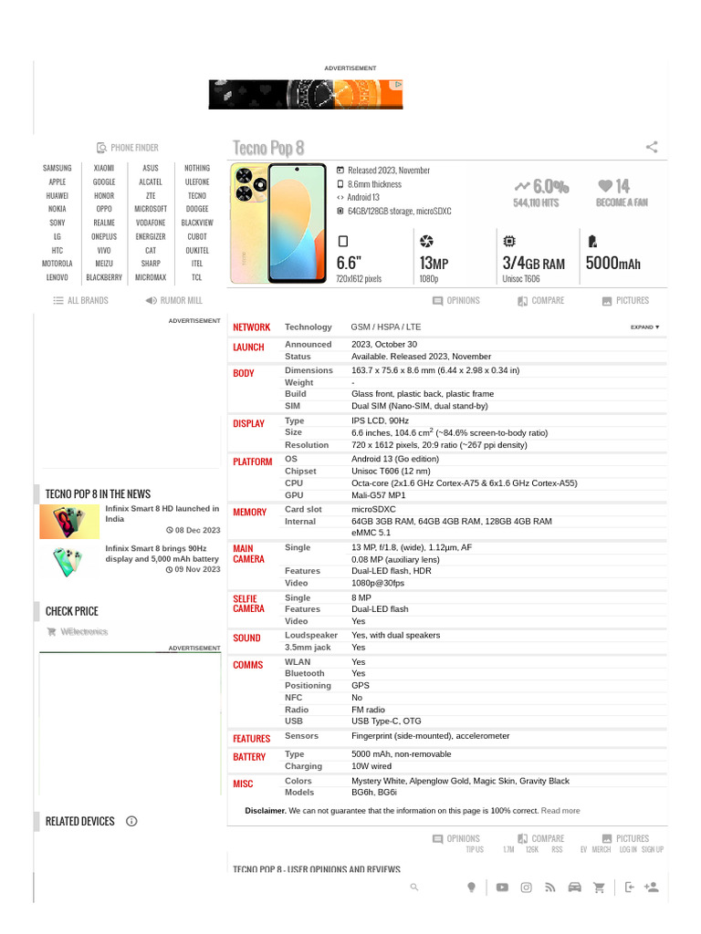 Tecno Pop 8 Specifications Overview | PDF | Android (Operating System ...