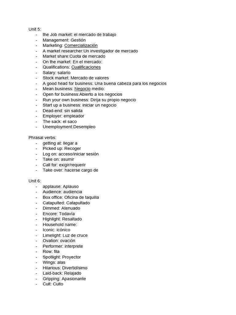 Vocabulario del Mercado Laboral y Negocios | PDF | Negocios | Estudios ...