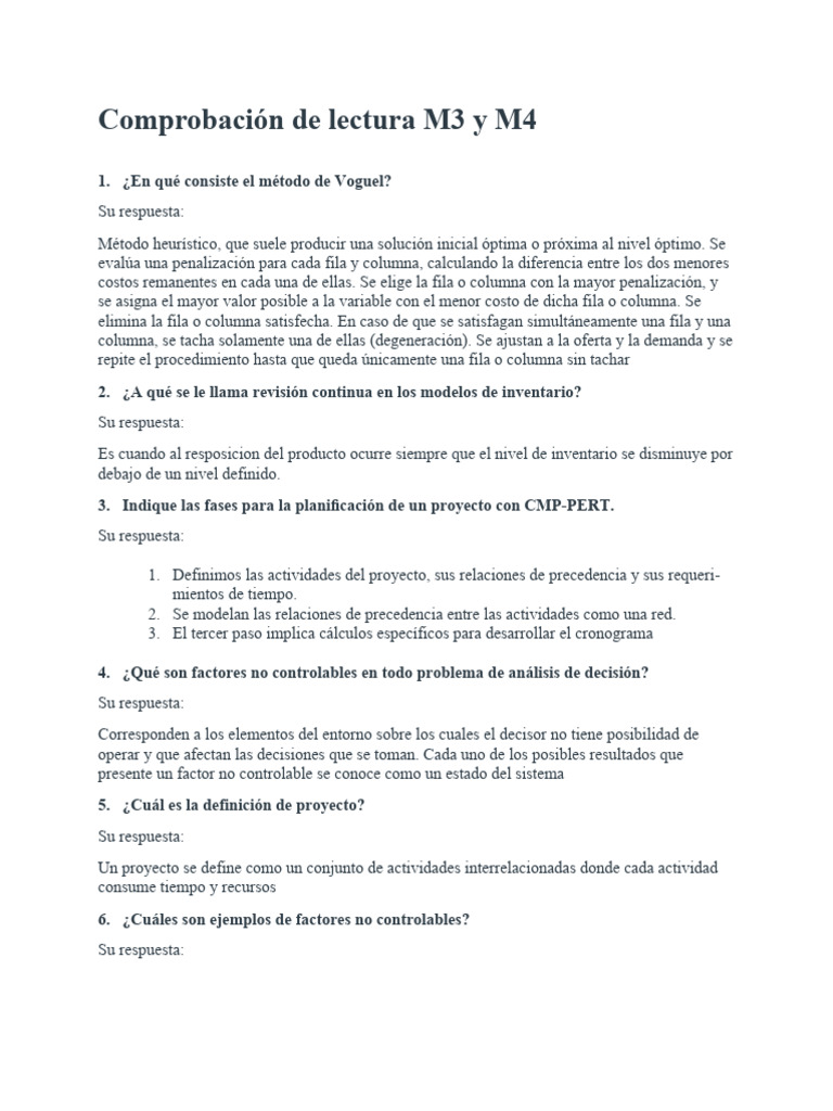 Comprobación de lectura M3 y M4 / Investigacion de Operaciones / U San Marcos | PDF ...