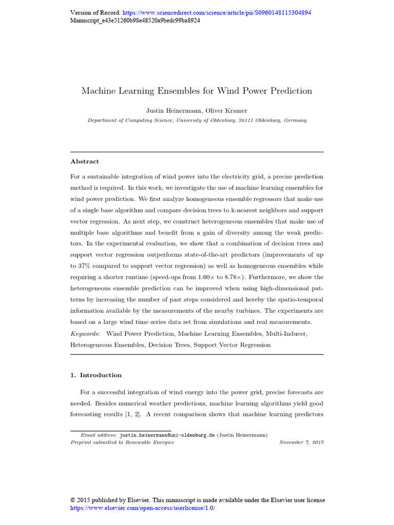 Machine Learning Ensembles For Wind Power Prediction: Version of Record | PDF | Machine Learning ...