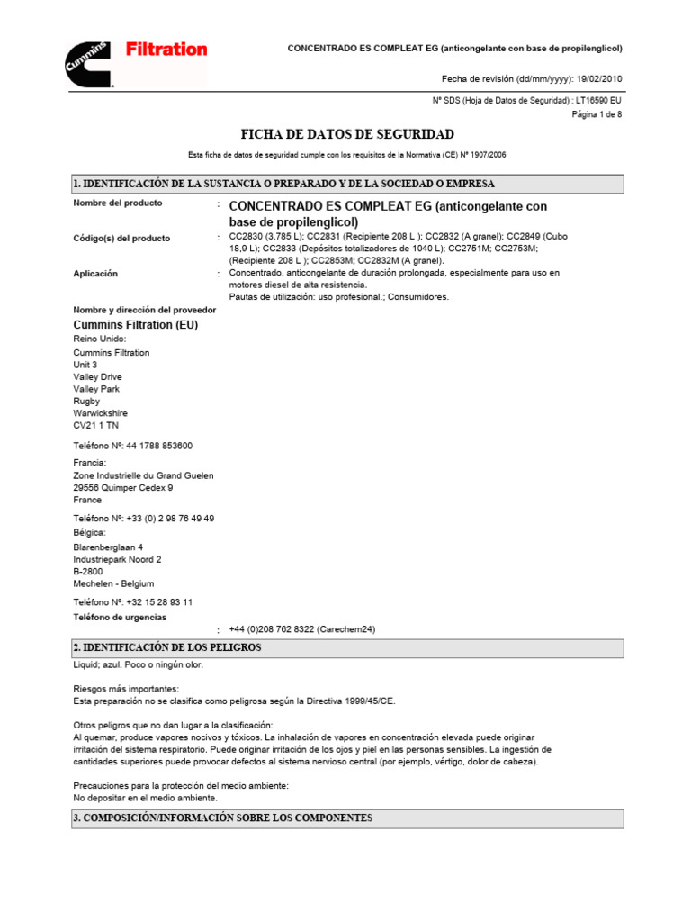 Anticongelante Compleat EG: Ficha de Seguridad | PDF | Agua ...