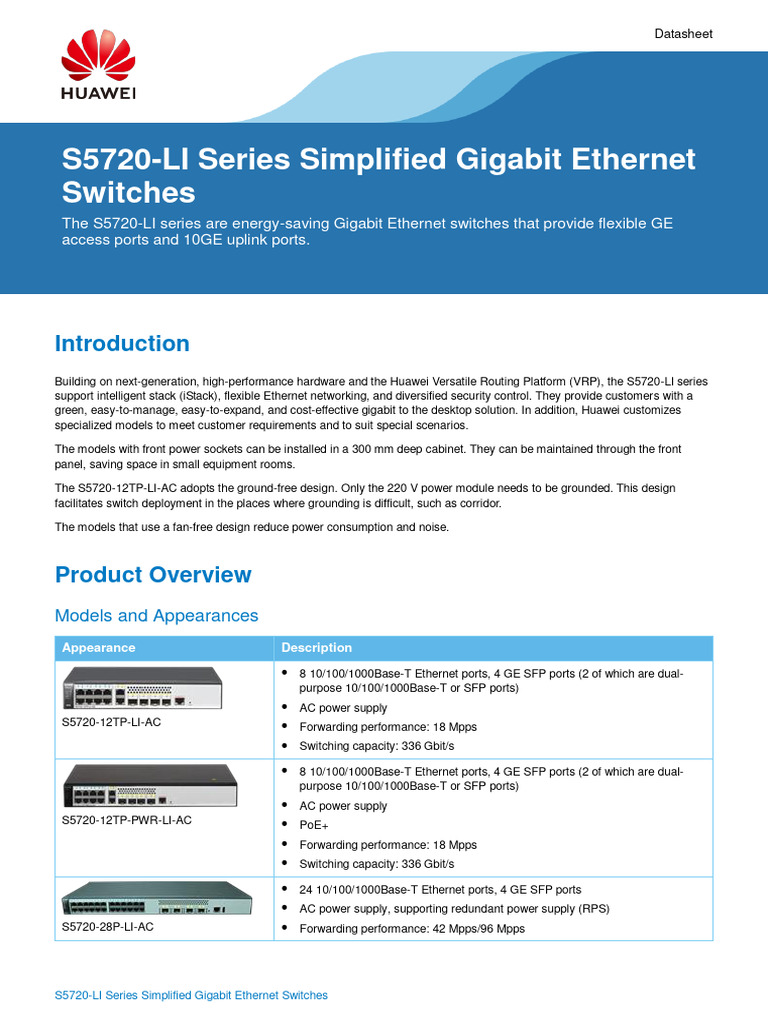 Huawei S5720-LI Series Switches - S5720-52X-PWR-LI-AC | PDF | Computer ...