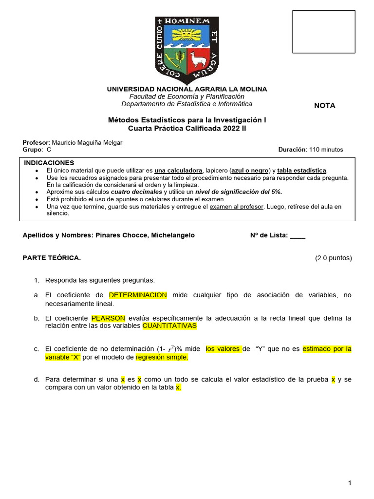 PC4 - Me - 2022-Ii | PDF | Estadísticas | Análisis de regresión