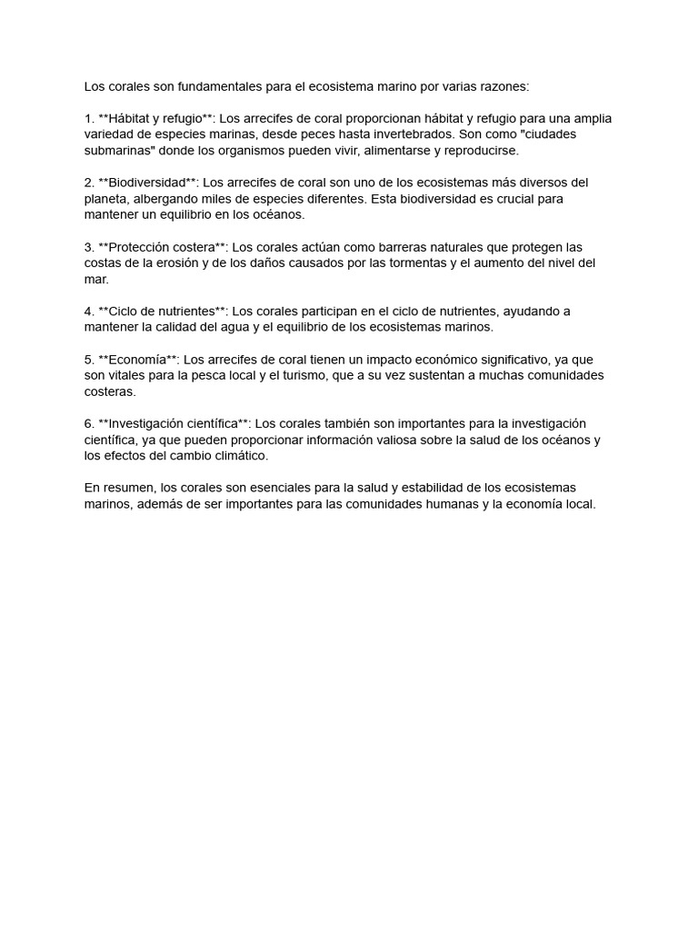 Importancia de los corales en ecosistemas marinos | PDF