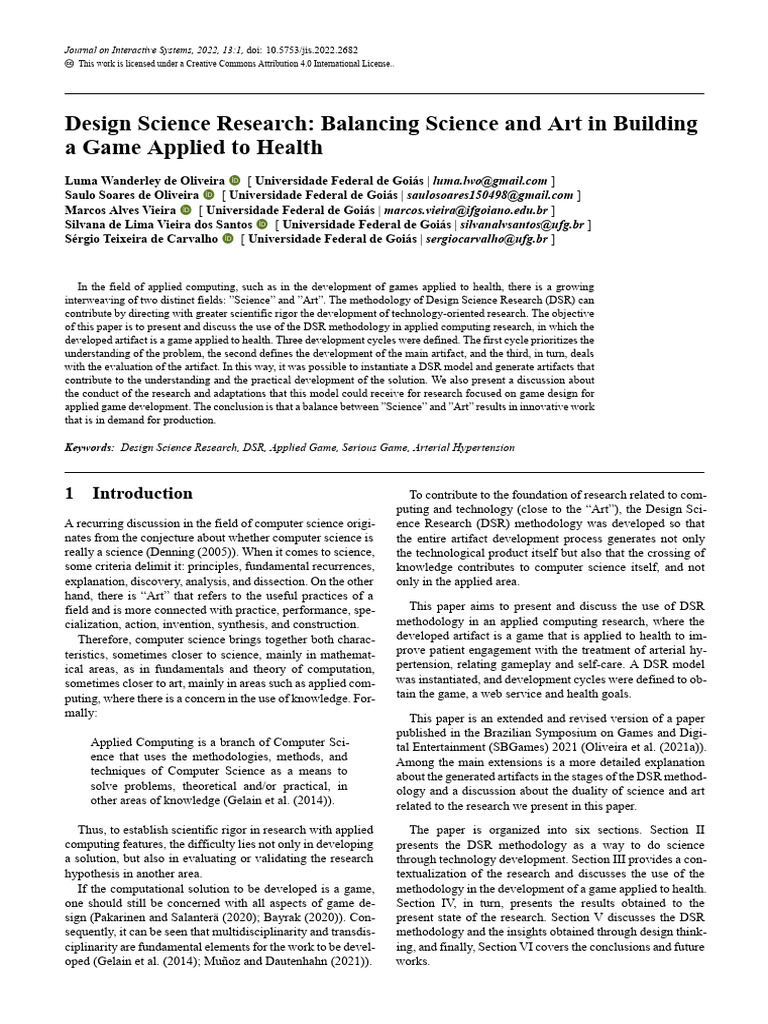 Design Science Research: Balancing Science and Art in Building A Game Applied To Health | PDF ...