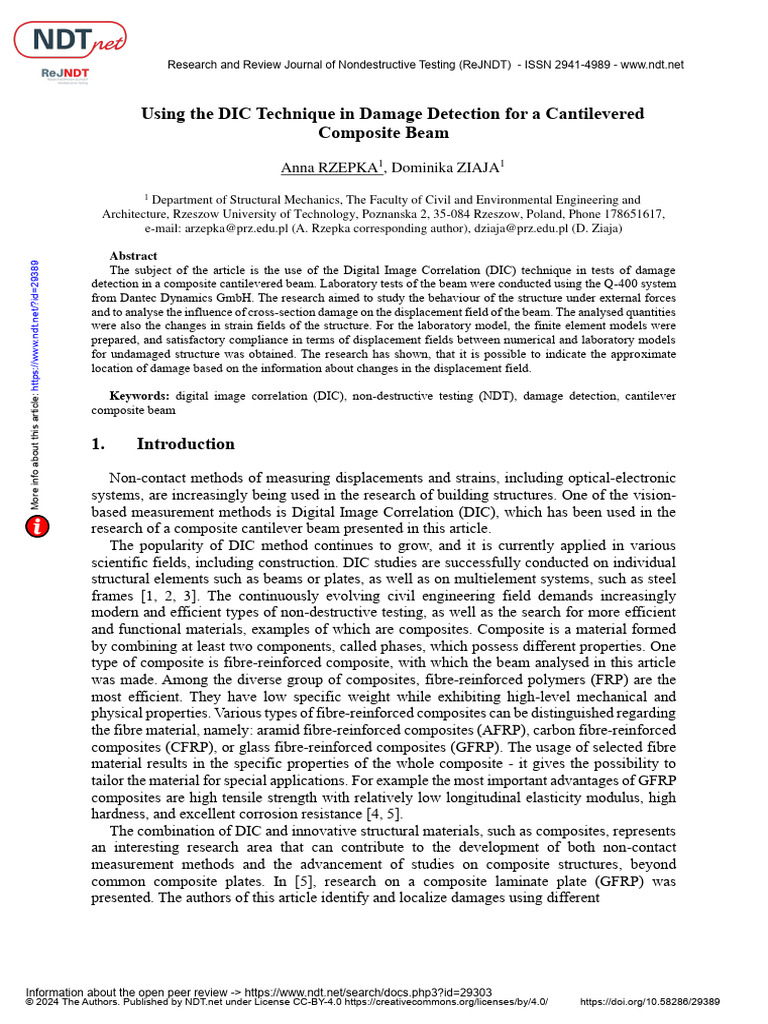 Using The DIC Technique in Damage Detection For A Cantilevered Composite Beam | PDF | Composite ...