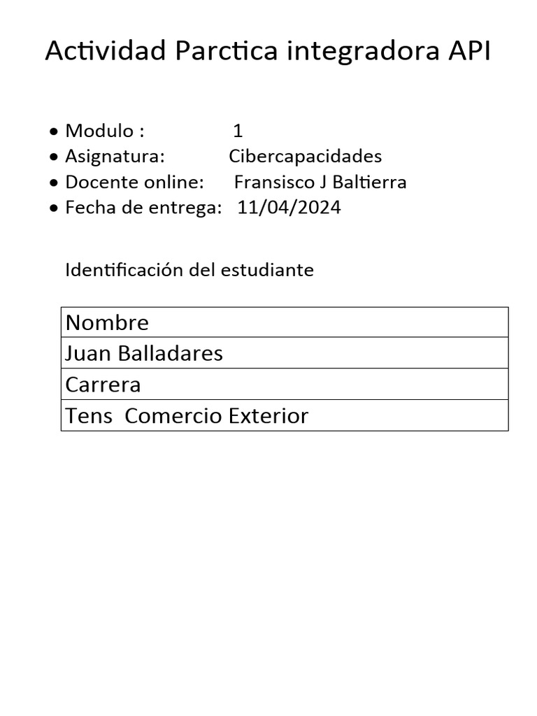 Actividad Parctica Integradora API Juan Balladares ' Tecnico en ...