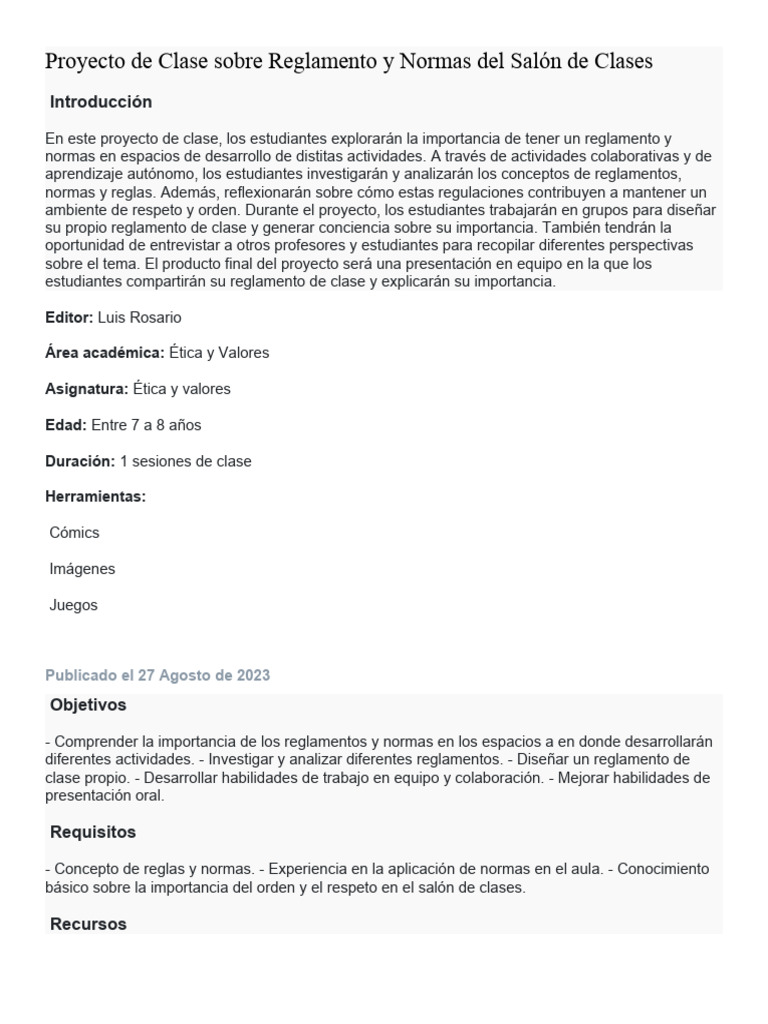 Proyecto de Clase Sobre Reglamento y Normas Del Salón de Clases | PDF | Comunicación | Salón de ...