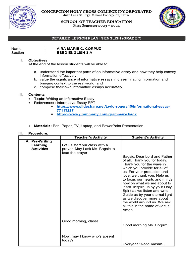 Informative Essay Detailed Lesson Plan Pdf Recycling Essays