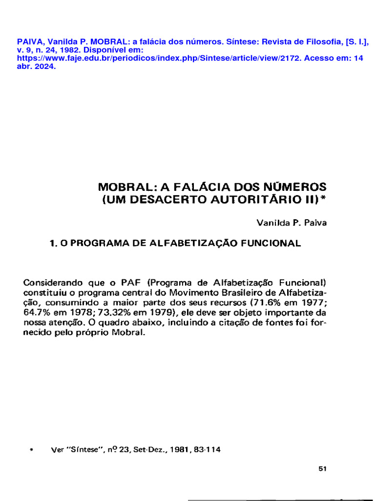 Mobral - A Falácia Dos Números (V. Paiva) | PDF | Alfabetização ...