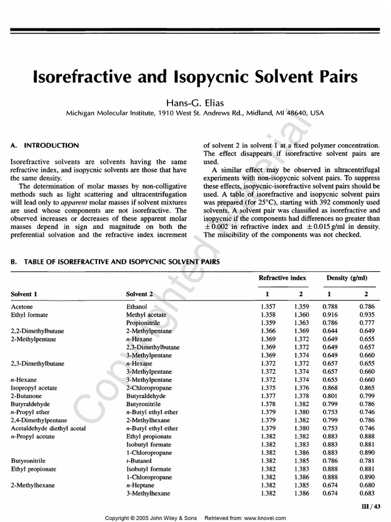 III - Isorefractive and Isopycnic Solvent Pairs | PDF | Solvent ...