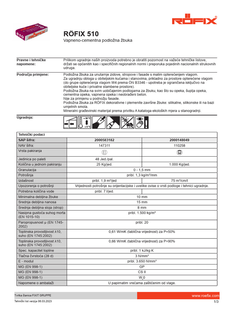 TL RÖFIX 510 Vapneno Cementna Podložna Žbuka HR | PDF