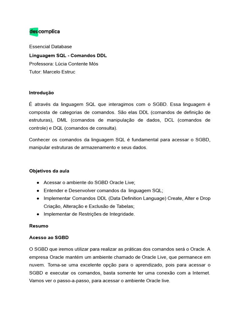 Linguagem SQL - Comandos DDL | PDF | SQL | Tabela (banco de dados)