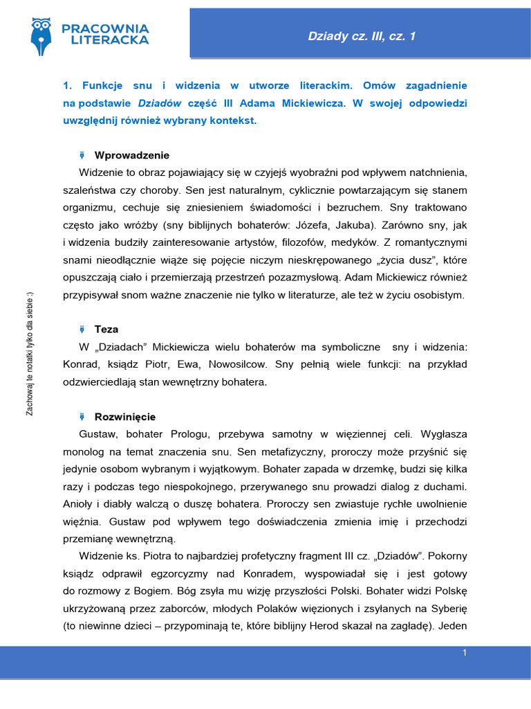 Dziady Czesc III 1 Funkcje Snu I Widzenia W Utworze Literackim | PDF