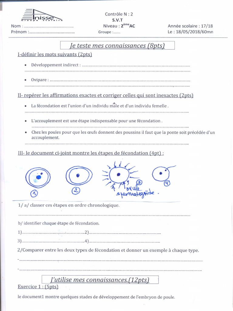 Devoir 2 Modele 2 SVT 2ac Semestre 2 | PDF