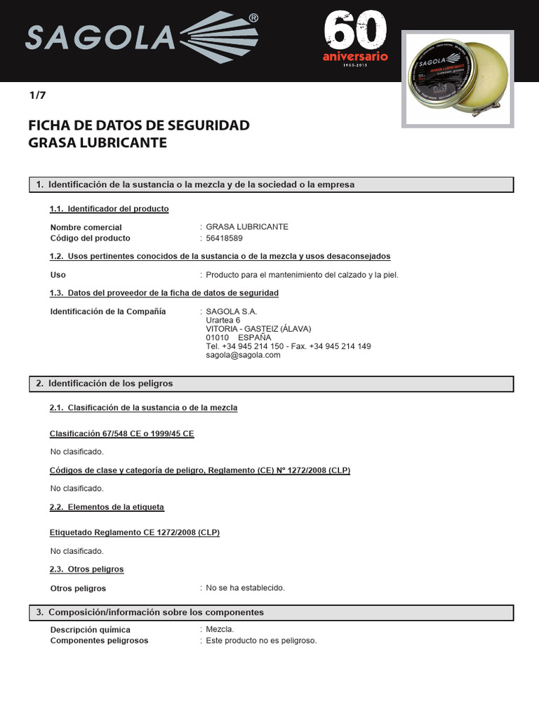 Ficha Seguridad Grasa Lubricante | Descargar gratis PDF | Agua | Toxicidad